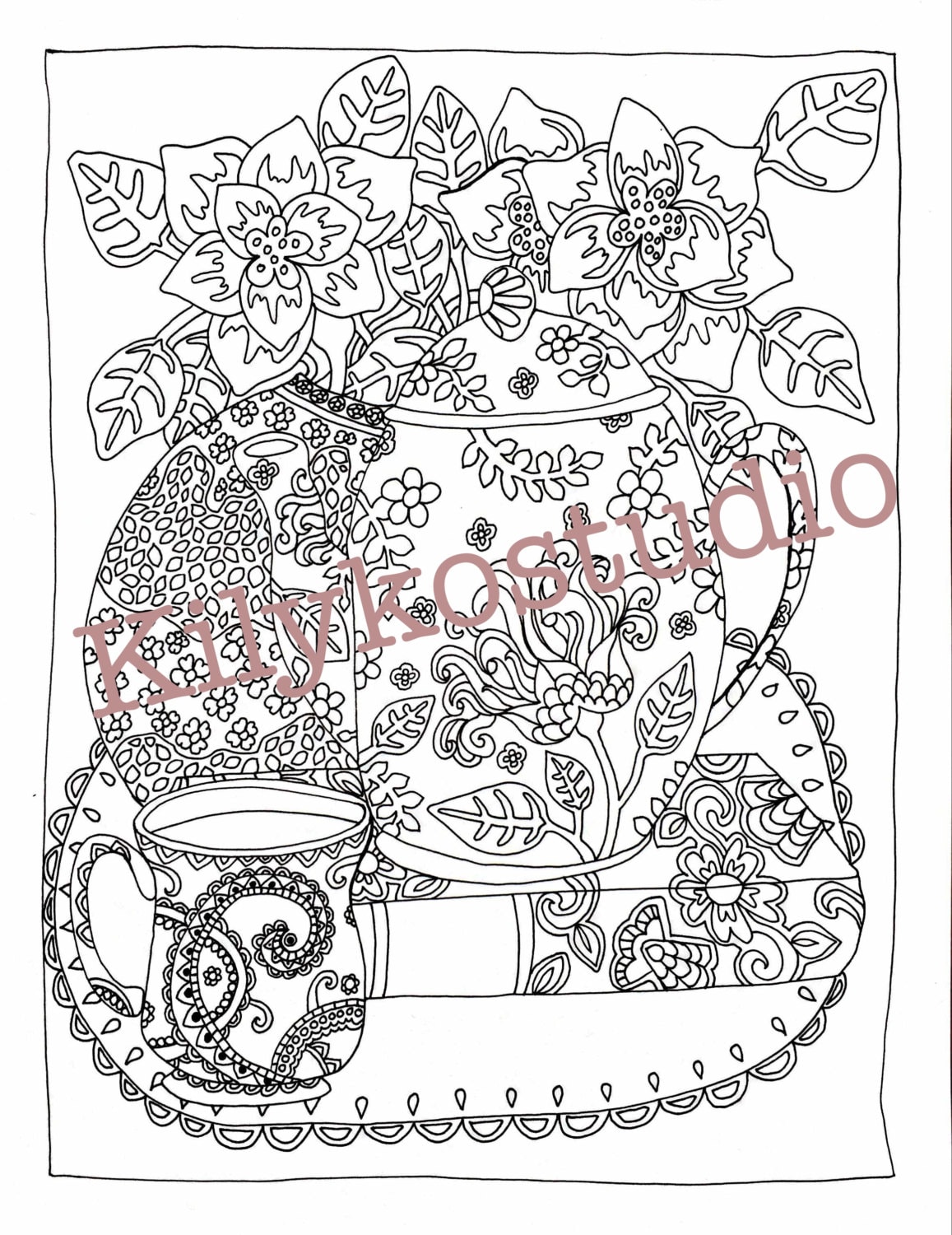 Fancy Teapot Teacup Flowers and Journal Adult Coloring Page Instant ...