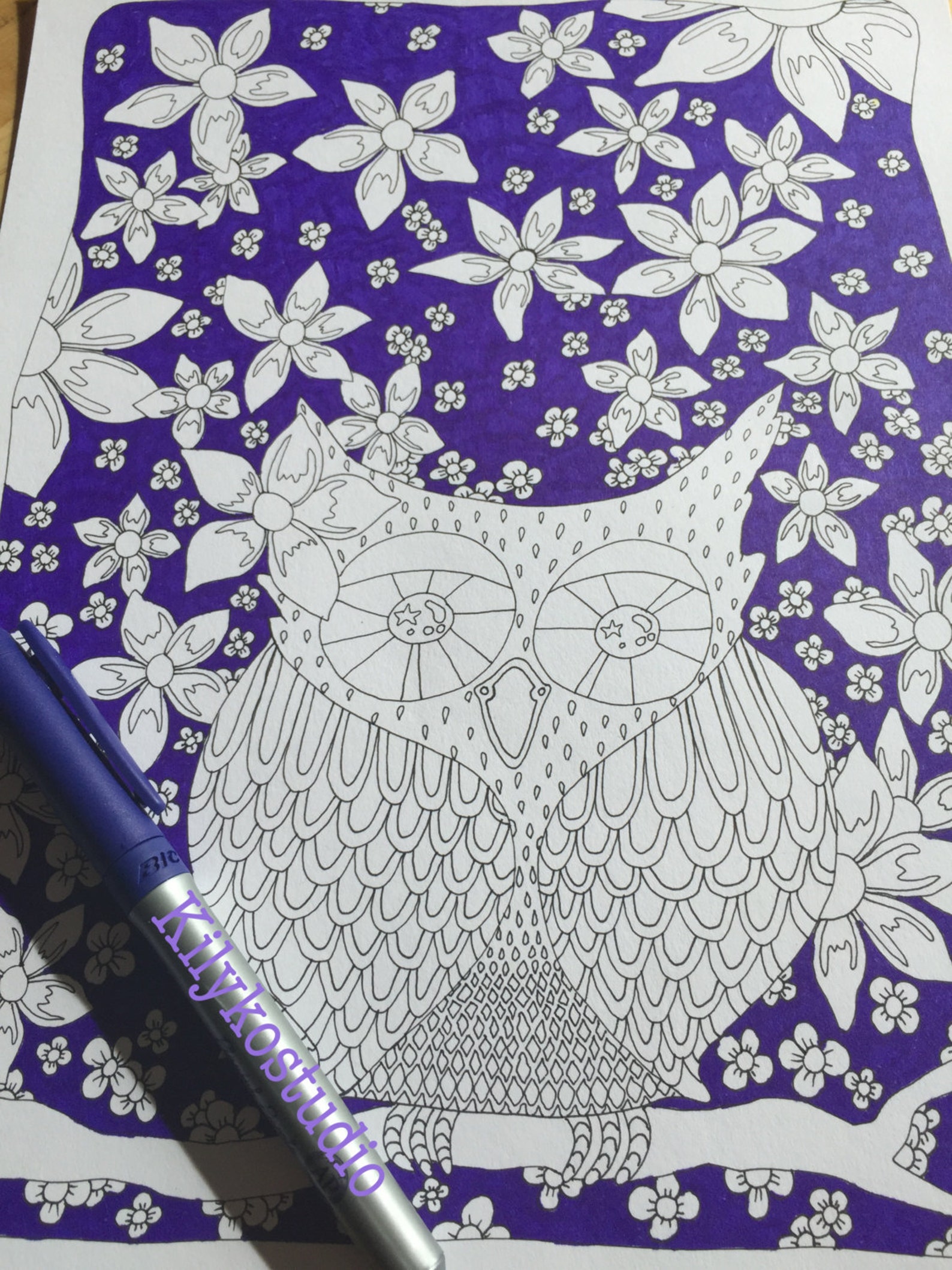 Owl in a Flower Tree Coloring Book Page Instant Digital - Etsy