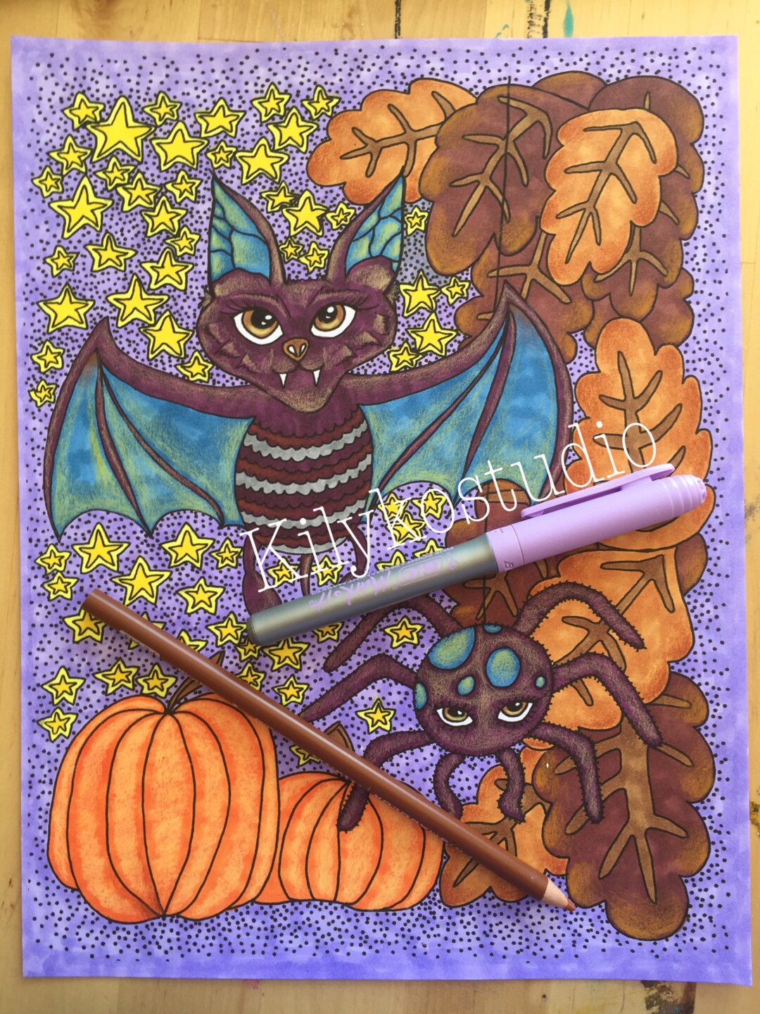 Halloween Bat Spider Pumpkins Fall Leaves Adult Coloring Page Instant ...