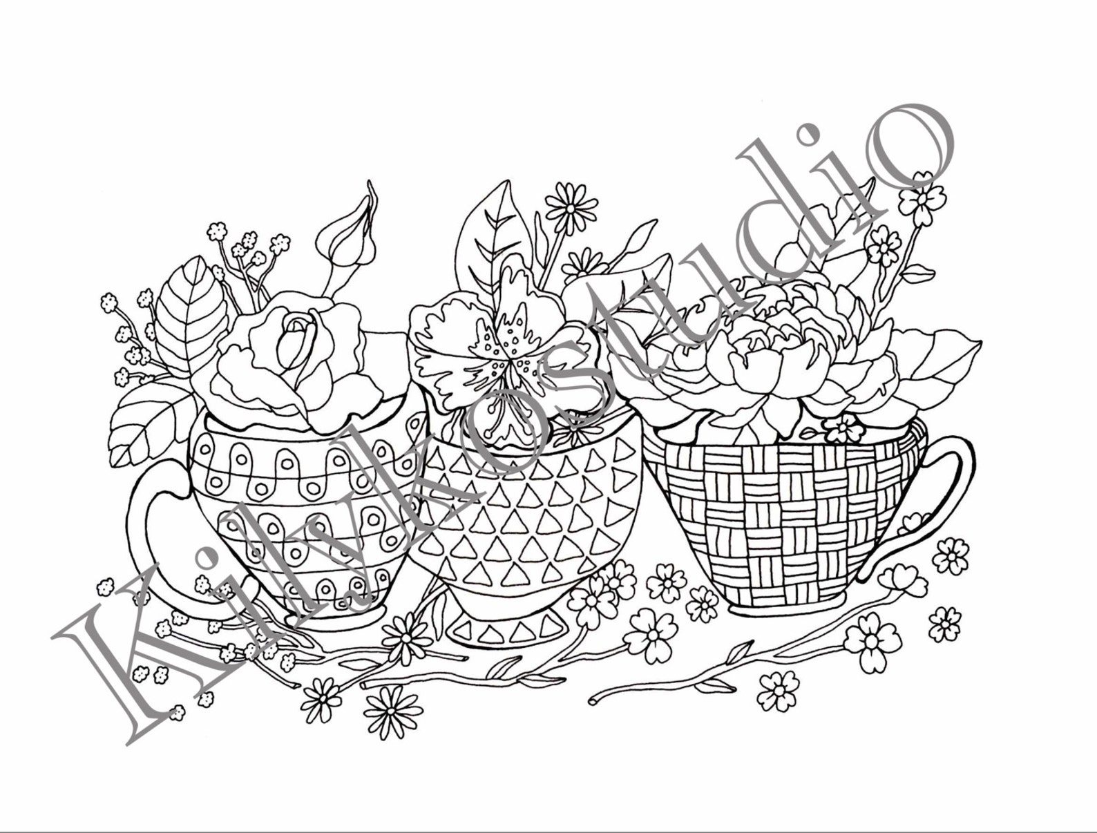 Tea Cups and Flowers Adult Coloring Pages Instant Digital Downloadable ...