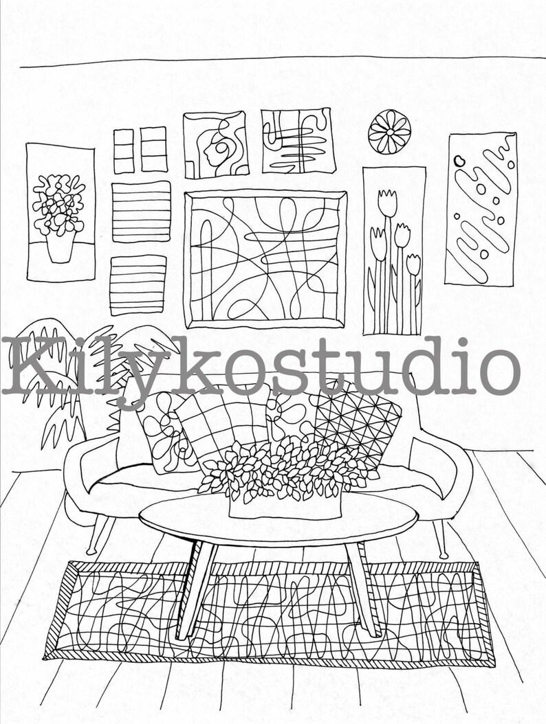 Mid Century Modern Living Room Adult Coloring Page Instant Digital ...
