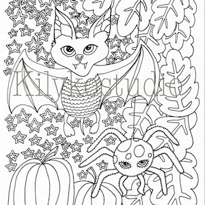 Halloween Bat Spider Pumpkins Fall Leaves Adult Coloring Page Instant ...