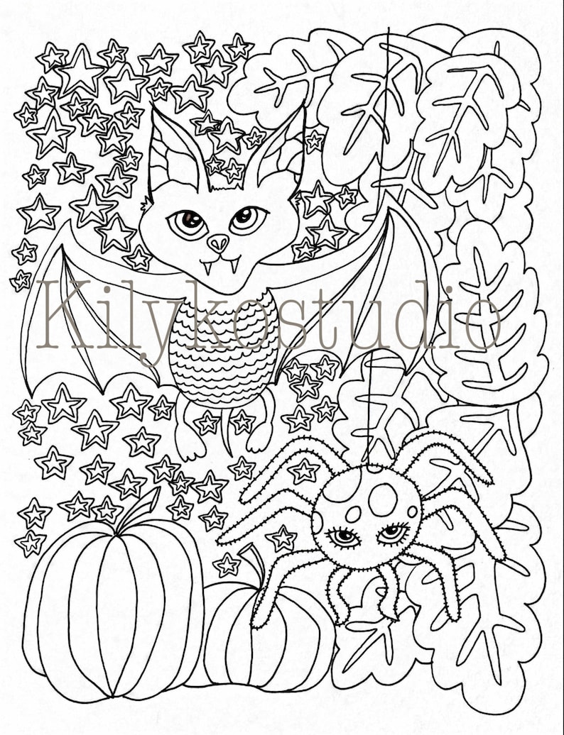 Halloween Bat Spider Pumpkins Fall Leaves Adult Coloring Page - Etsy