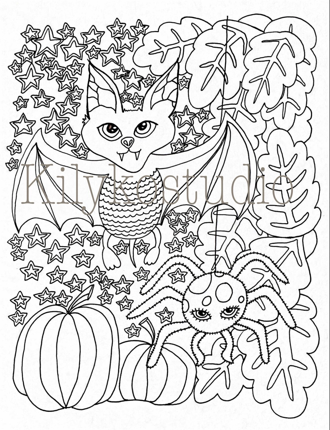 Halloween Bat Spider Pumpkins Fall Leaves Adult Coloring Page - Etsy