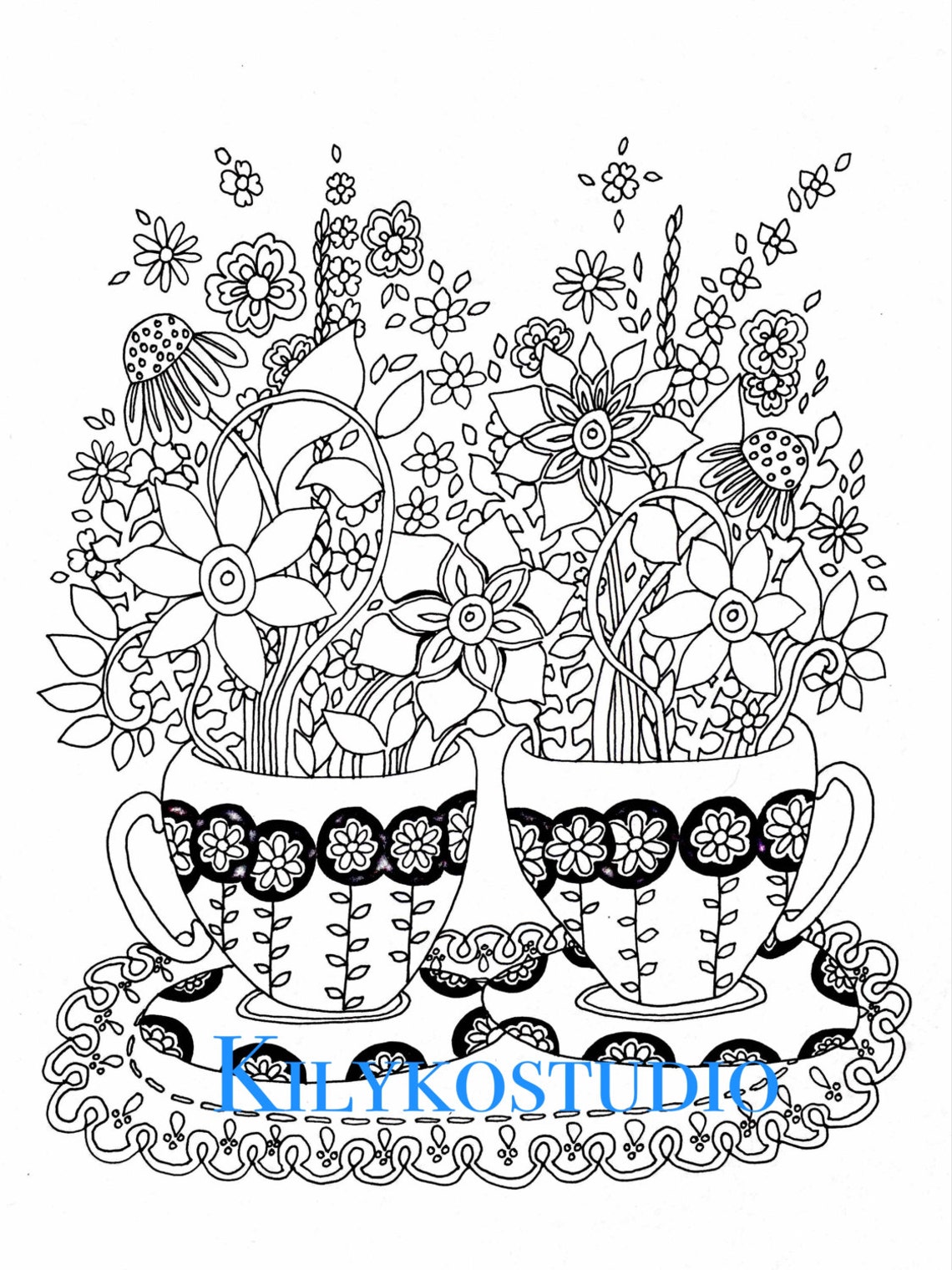 Tea Cups Adult Coloring Page Instant Digital Download Pdf - Etsy