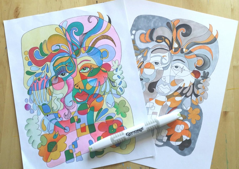 Adult Coloring Page Abstract Face Digital Download - Etsy