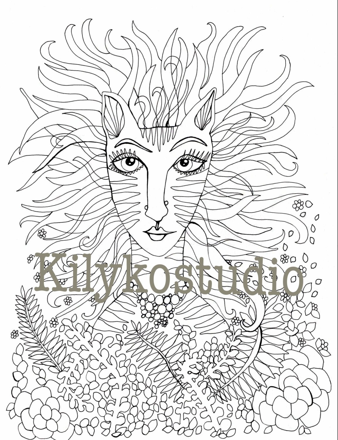 Cat Feline Lioness Abstract Fantasy Adult Coloring Page Instant Digital ...