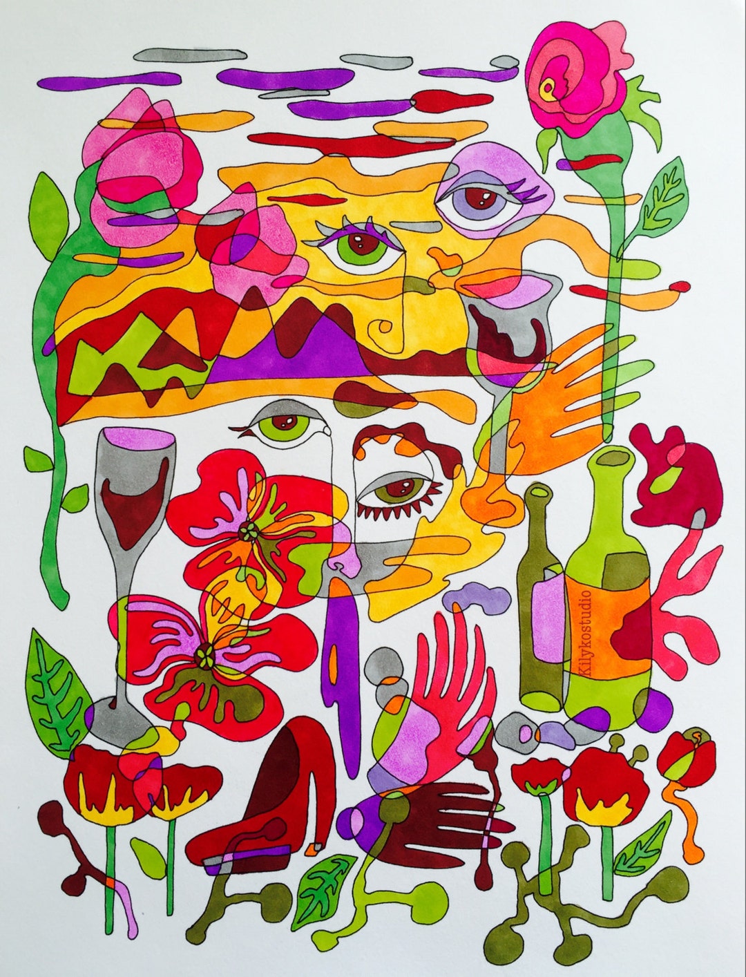 Abstract Faces Eyes Wine Bottles Adult Coloring Pages Instant Download ...