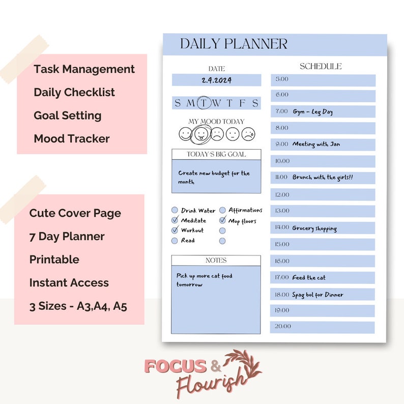 7 Day Planner Printable Daily, Weekly & Monthly to Do Lists Personal ...