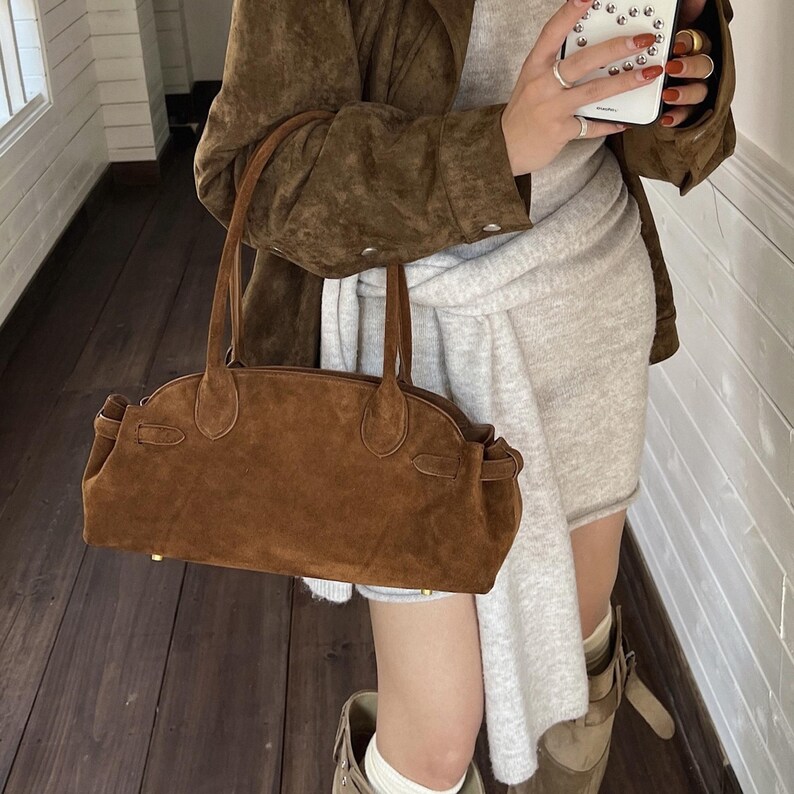 Suede Baguette Bag,suede Handbag,genuine Leather Tote Bag,minimal Top ...