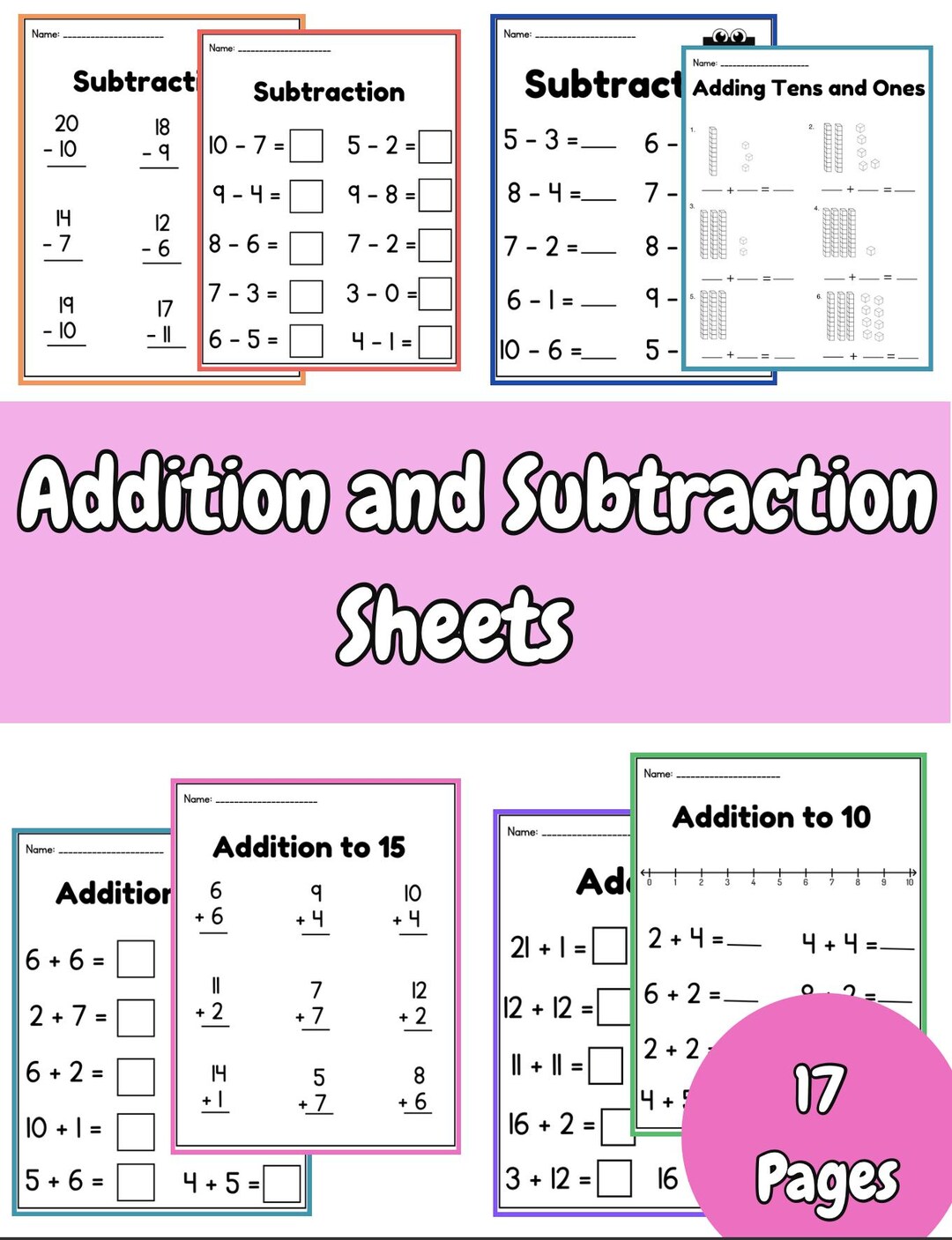 17 Printable Addition and Subtraction Sheets for K-1st Grade-2nd Grade ...