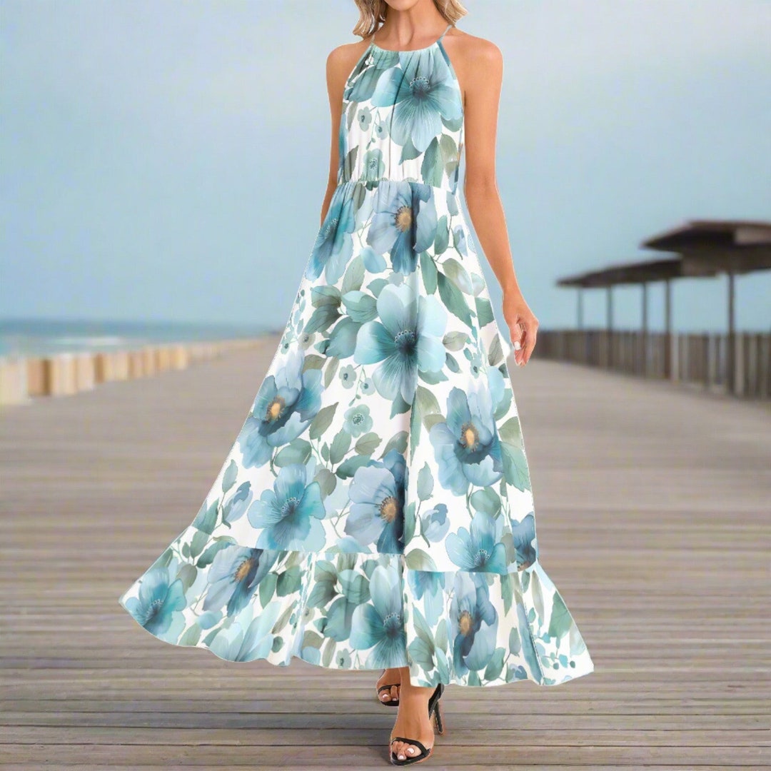 Summer Beach Party Dress - Blue Floral Watercolor Sundress - Etsy
