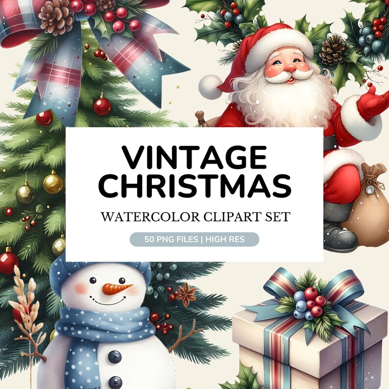 50 Vintage Watercolor Christmas Clipart Bundle, Santa Snowman Christmas ...