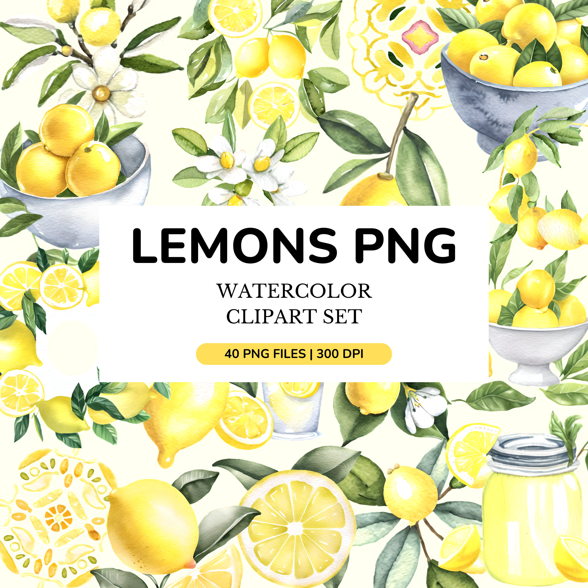 40 Watercolor Lemon Clipart, Lemon PNG, Lemonade, Blossom Floral Summer ...