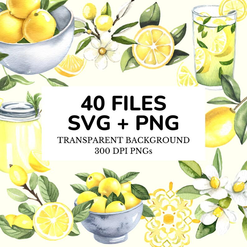 40 SVG PNG Watercolor Lemon Clipart, Lemons SVG, Blossom Floral Summer ...