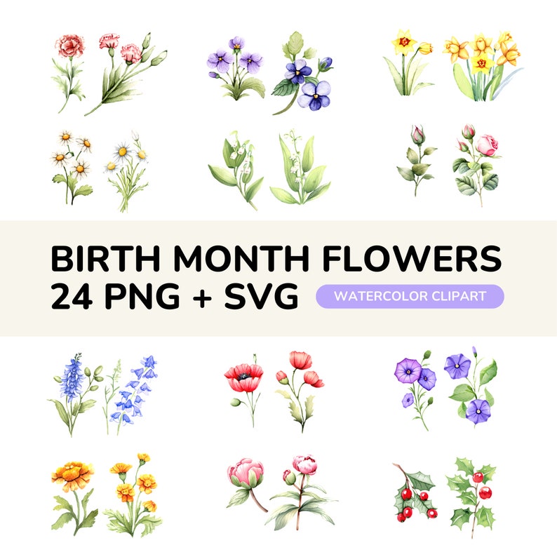 24 Watercolor Birth Month Flowers SVG PNG, Birthday Flower Svg, Birth ...