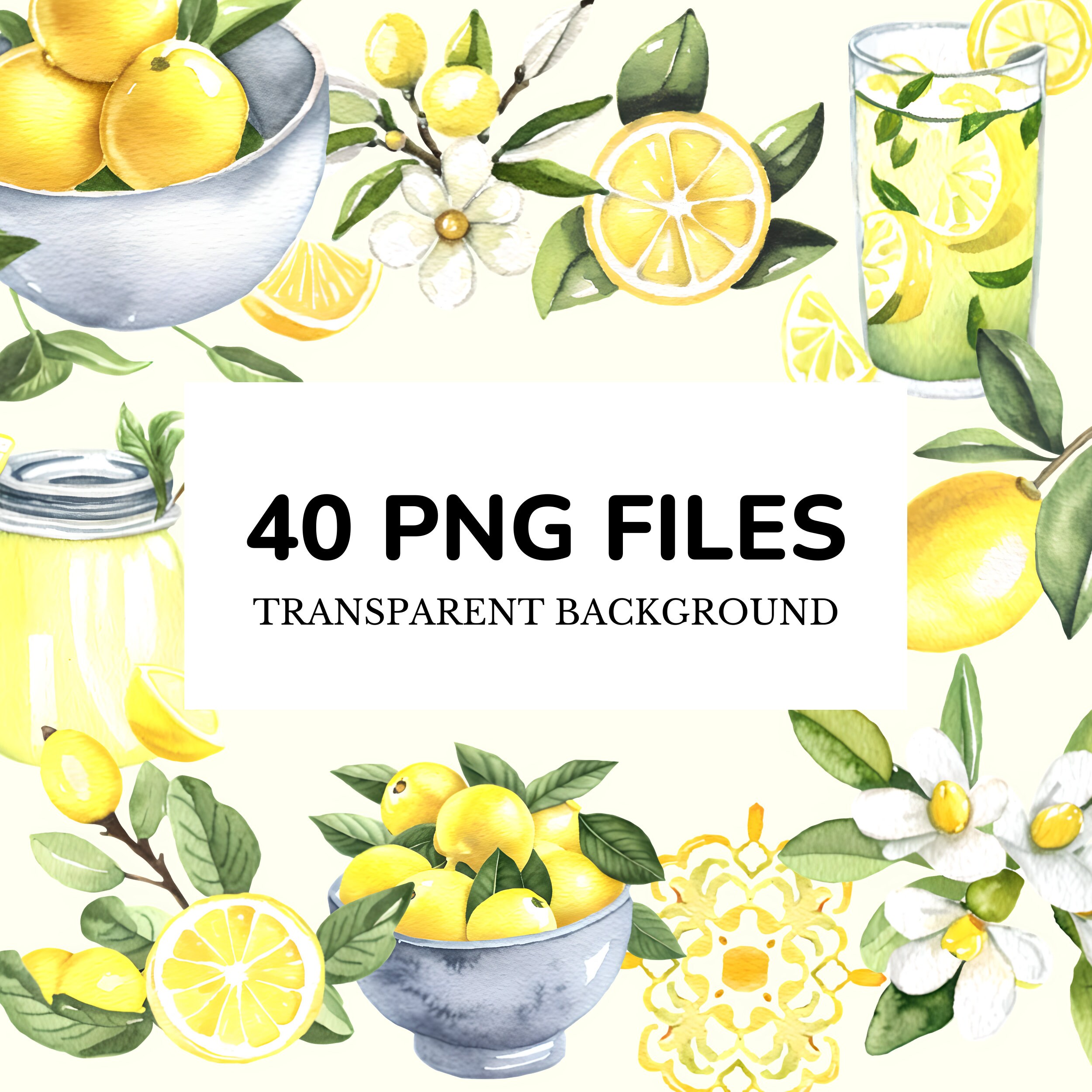 40 Watercolor Lemon Clipart, Lemon PNG, Lemonade, Blossom Floral Summer ...