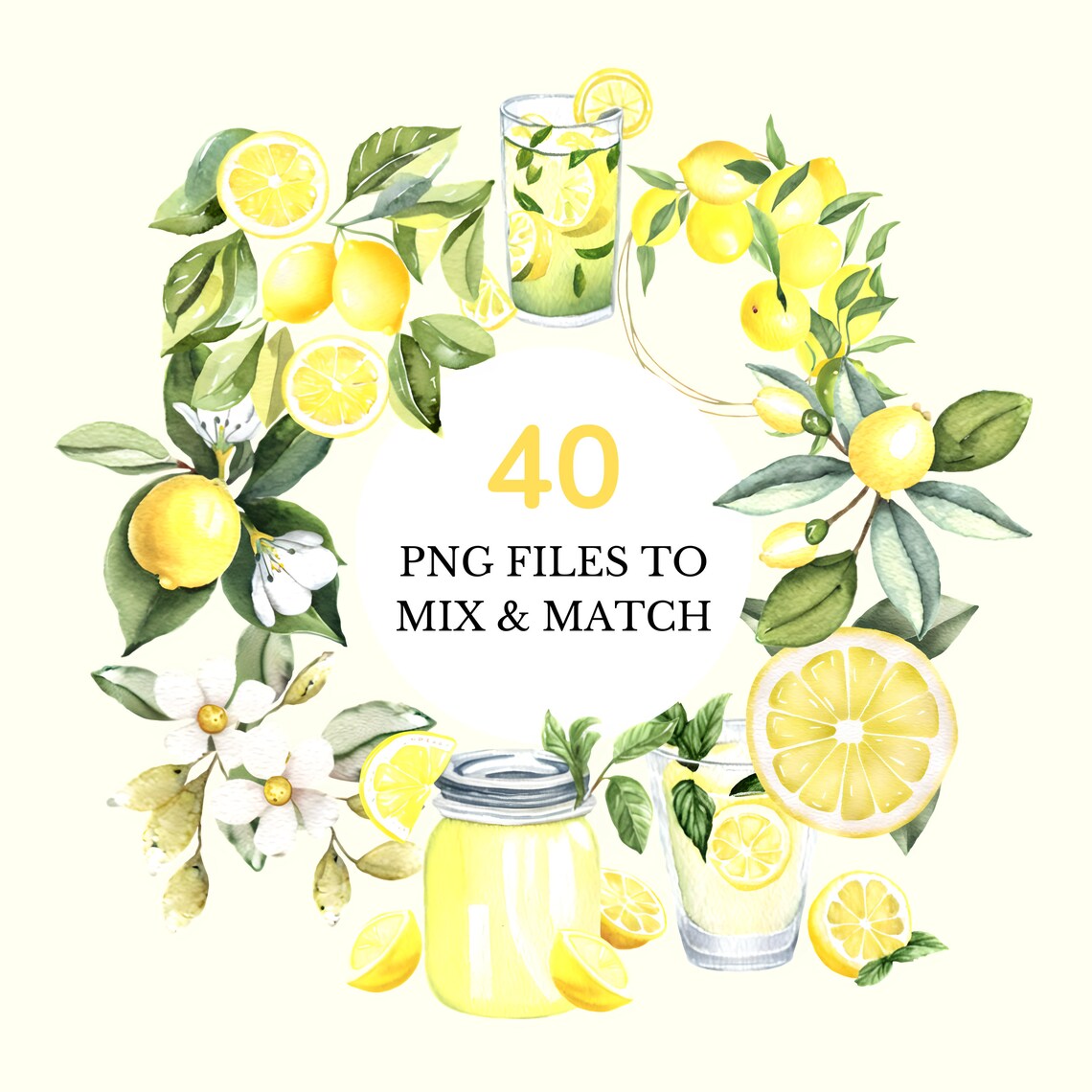 40 Watercolor Lemon Clipart, Lemon PNG, Lemonade, Blossom Floral Summer ...