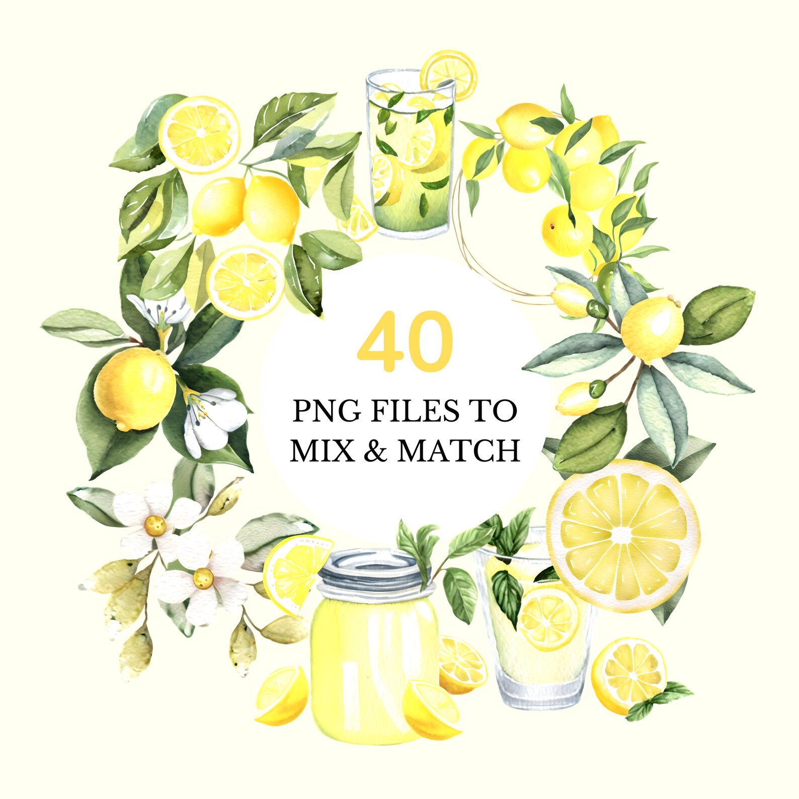 40 Watercolor Lemon Clipart, Lemon PNG, Lemonade, Blossom Floral Summer ...