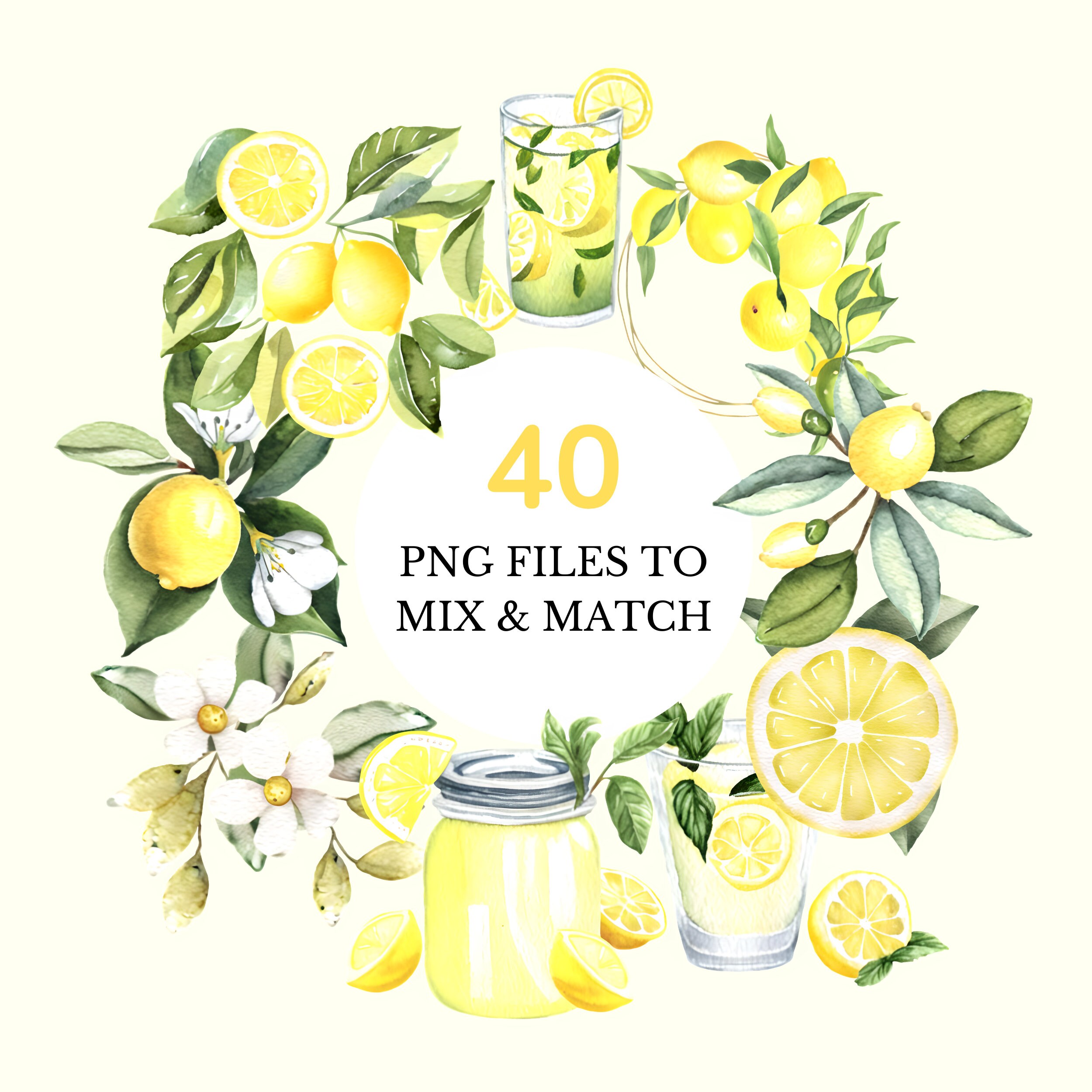 40 Watercolor Lemon Clipart, Lemon PNG, Lemonade, Blossom Floral Summer ...