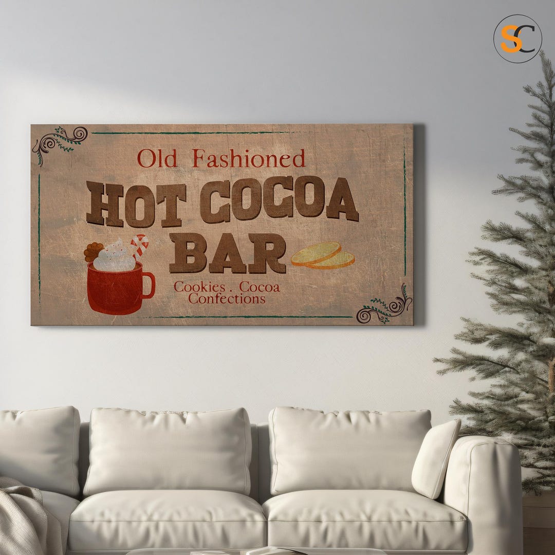 Farmhouse Christmas Hot Cocoa Bar Canvas Sign: Vintage Holiday Wall Art ...
