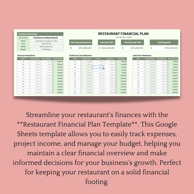 Restaurant Financial Plan Template – Google Sheets Editable Spreadsheet ...