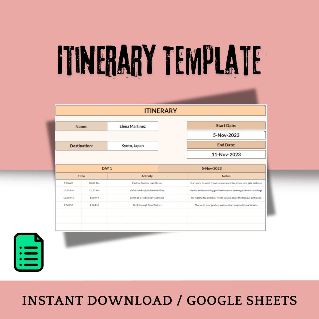 Itinerary Template, Google Sheets Planner, Travel Schedule Organizer ...