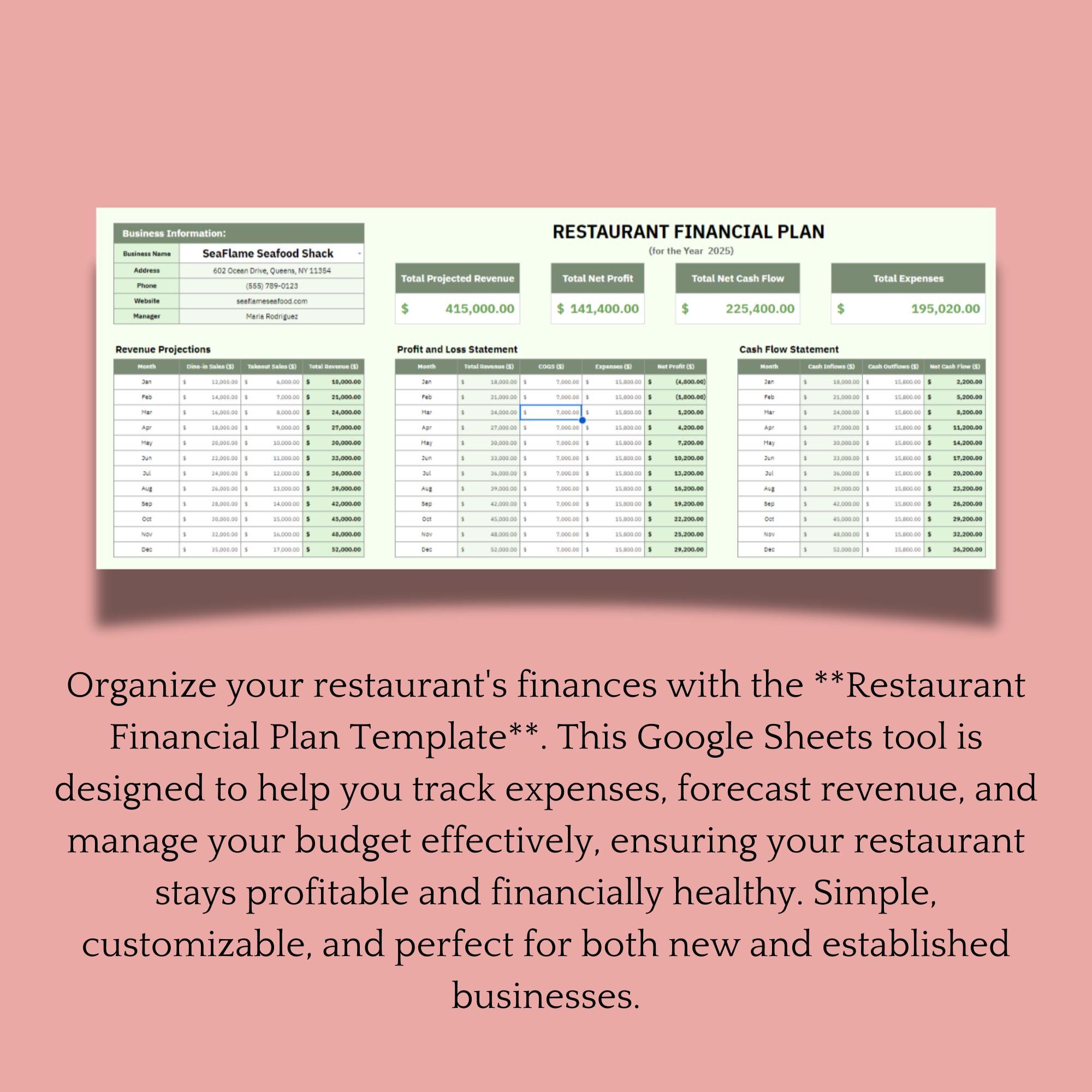 Restaurant Financial Plan Template – Google Sheets Editable Spreadsheet ...