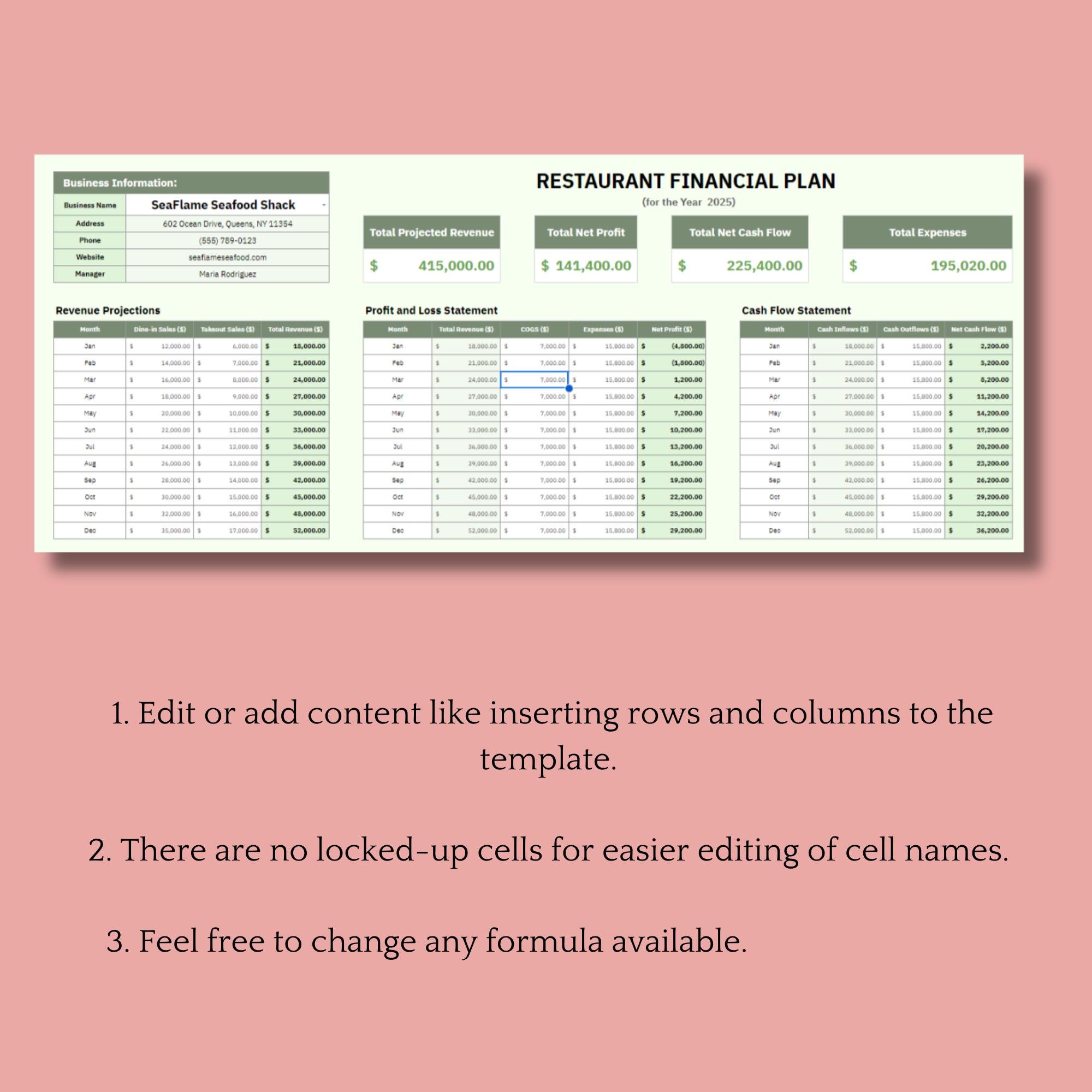 Restaurant Financial Plan Template – Google Sheets Editable Spreadsheet ...