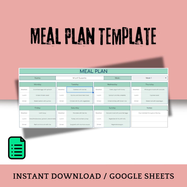 Meal Plan Template, Weekly & Monthly Planner for Healthy Eating, Google ...