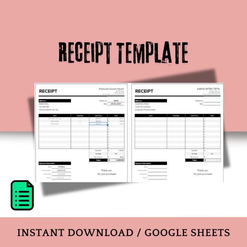 Receipt Template, Google Sheets Invoice Creator, Customizable Receipt ...