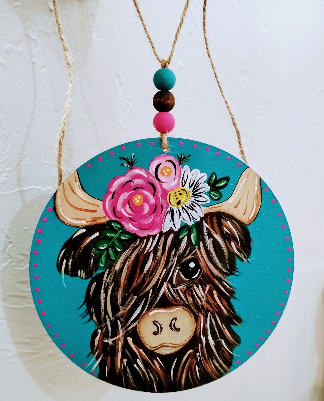 6" Highland Cow With Flower Headdress Wood Hanger Car Charm Wood Bead ...