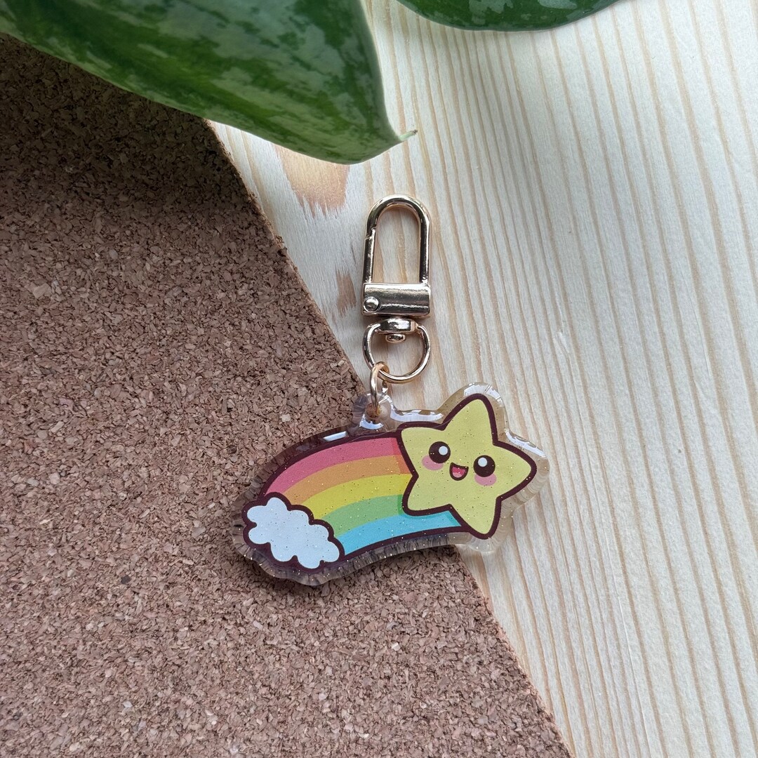 Rainbow Shooting Star Double Sided Glitter Epoxy Keychain Durable Gold ...