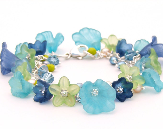 Lucite Flower Bracelet Sterling Silver Aqua Navy And Lime Etsy