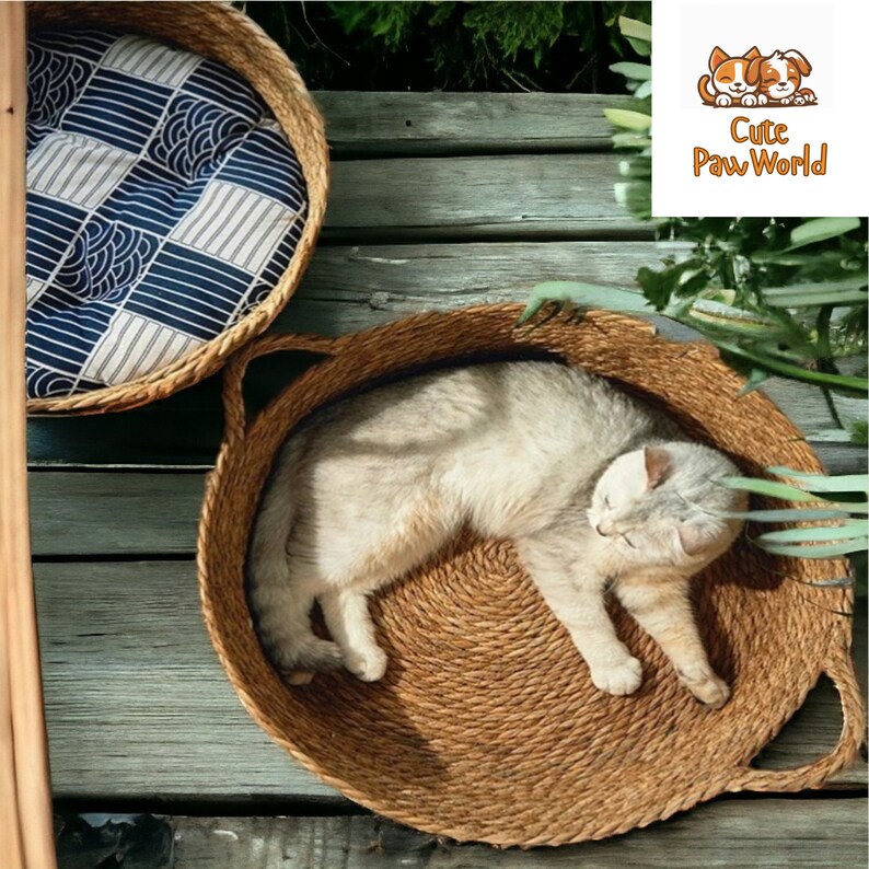 Deluxe Woven Cat Basket Rattan Cat Bed Cute Dog Bed Cat Gift Handmade ...