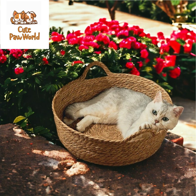 Deluxe Woven Cat Basket Rattan Cat Bed Cute Dog Bed Cat Gift Handmade ...