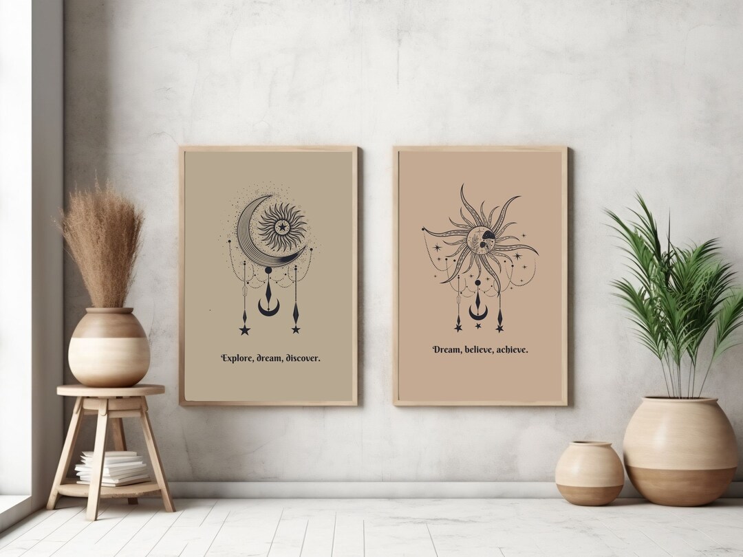 Boho Sun and Moon Art Set of 2 Prints, Boho Sun Moon Digital Art ...