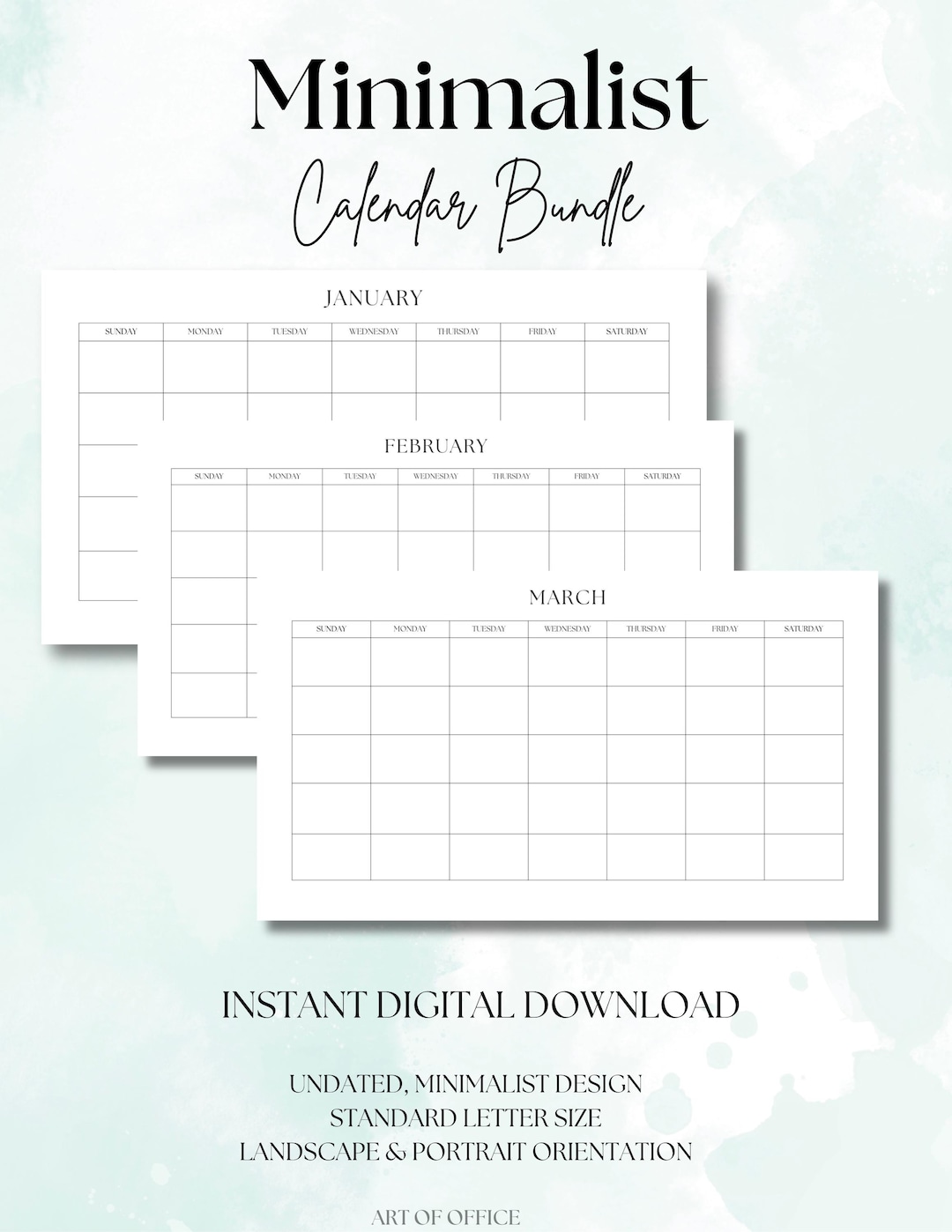 Minimalist Undated Calendar Printable, Digital Download, Printable ...