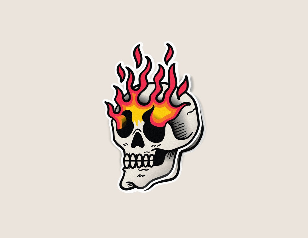 Fire Skull Sticker Traditional Tattoo Glossy Stickers Waterproof - Etsy