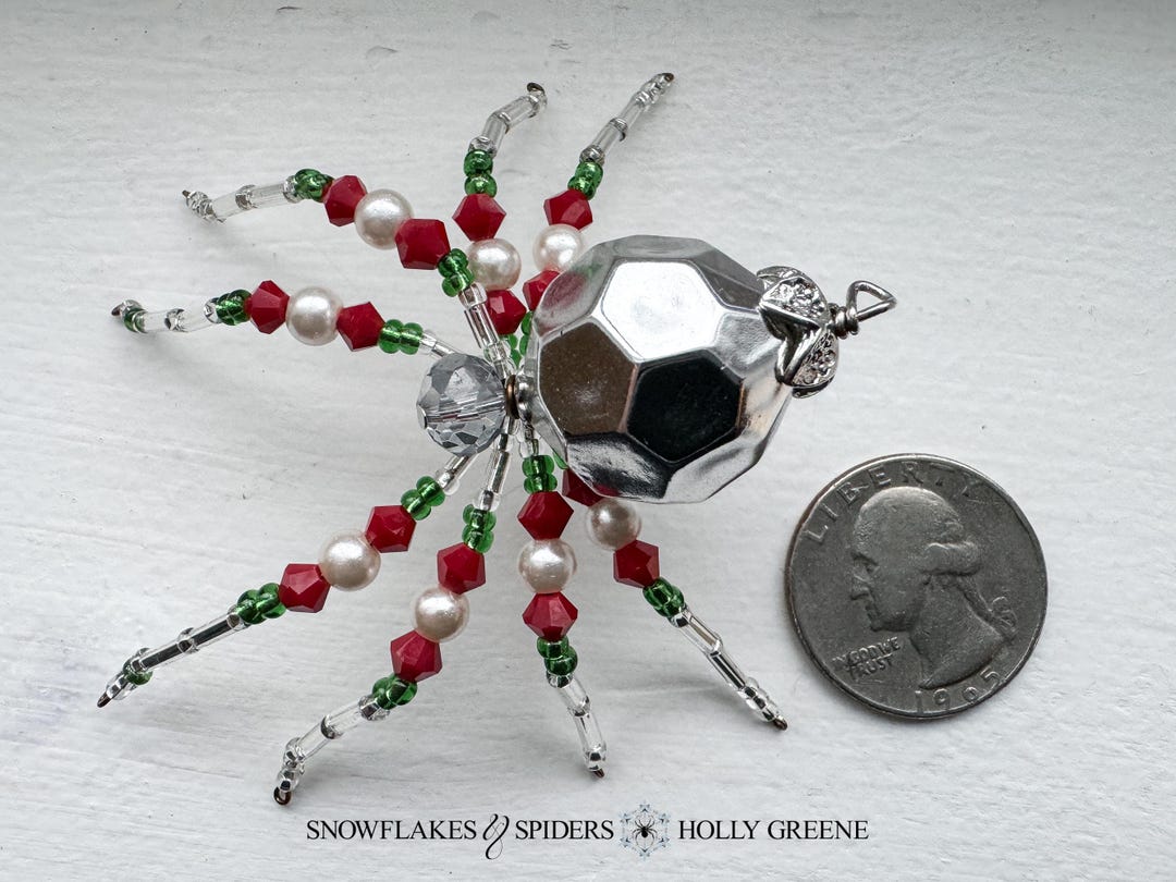 Silver Disco Ball Beaded Christmas Spiders Tree Ornament With Red Green ...
