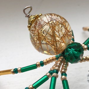 Gold Tinsel Sparkle Lucite Christmas Spider Tree Ornament With Green ...