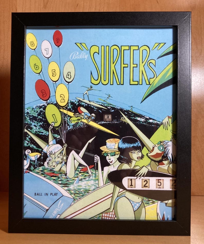 Retro Glow Pinball Art | 8"x 10" Illuminated Framed Print - "surfers ...