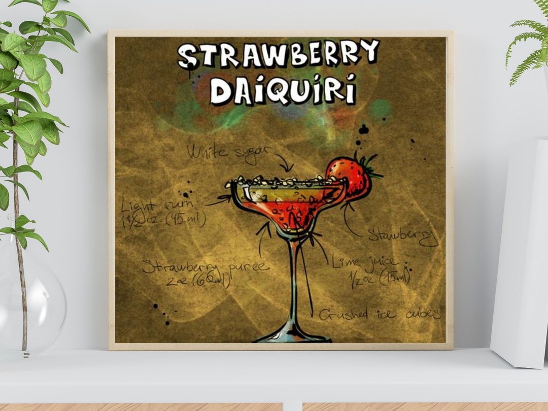 Strawberry Daiquiri Cocktail Recipe Poster Vintage Bar Decor Retro ...