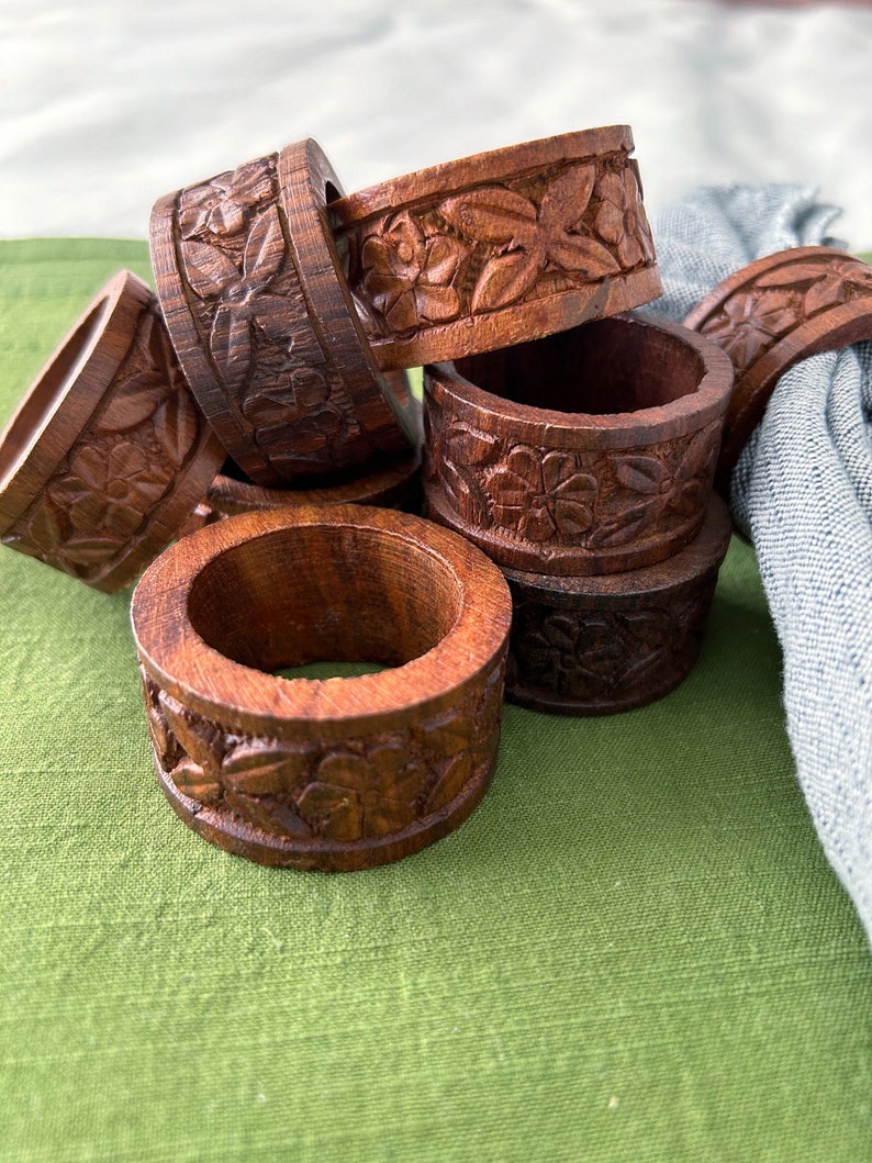 Set of 8 Vintage Floral Boho Carved Wood Napkin Rings, Midcentury Tiki ...