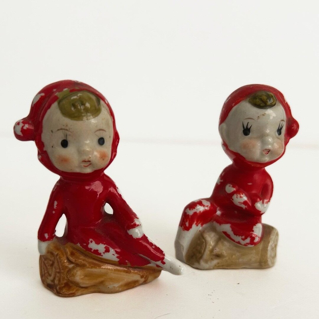 VTG Red Pixie Elf Boys Sitting on Log Japan Ceramic Christmas Eyelash ...