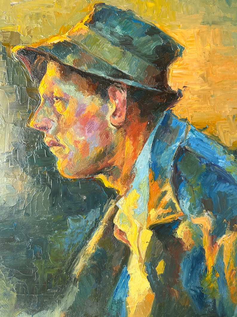 Original Impressionism Painting Oil Portrait of a Man With Hat Large ...