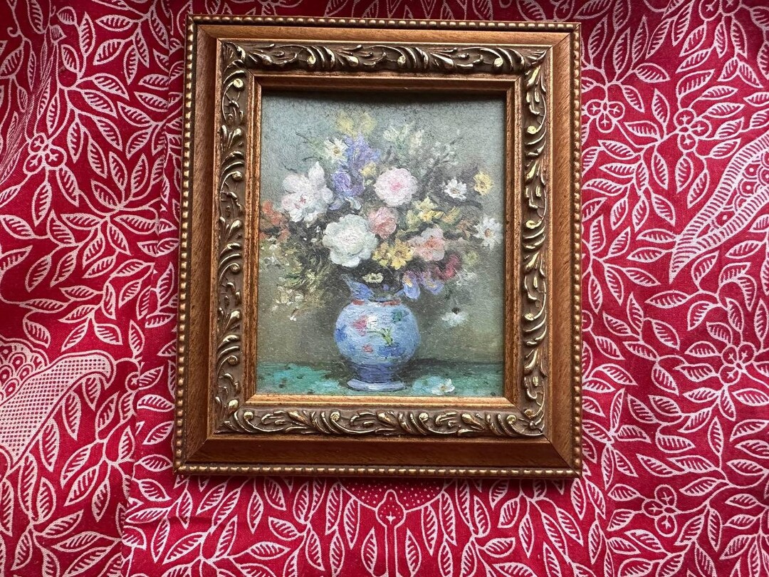 Vintage Small Tiny Oil Painting Still Life With Flowers in a Vase ...