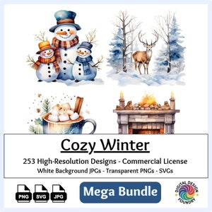 253 Cozy Winter Clipart Mega Bundle PNG, SVG, JPG, Watercolor Holiday ...