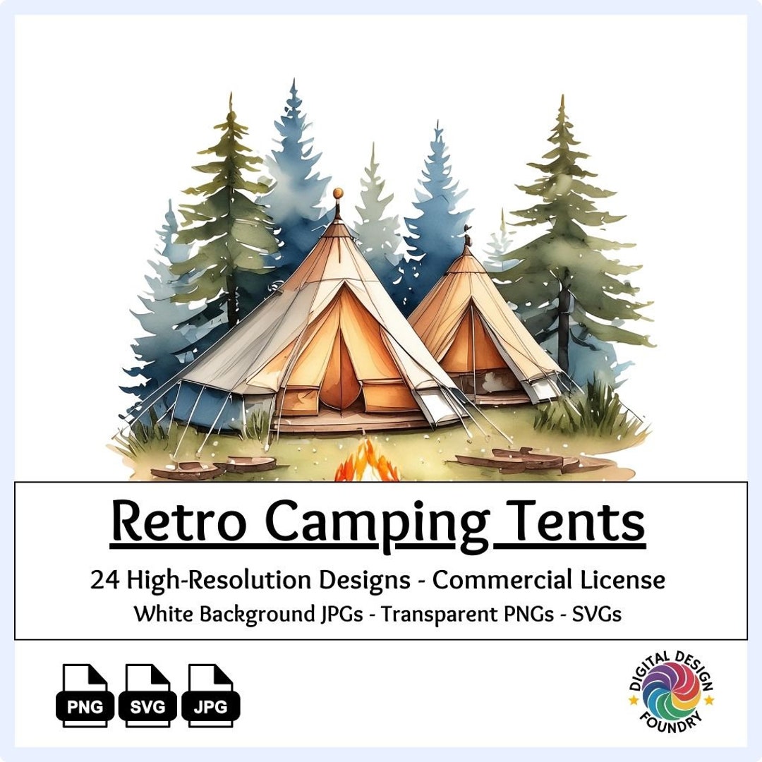 Vintage Tent Clipart 24 Watercolor PNG, SVG, JPG, Retro Camping, Circus ...