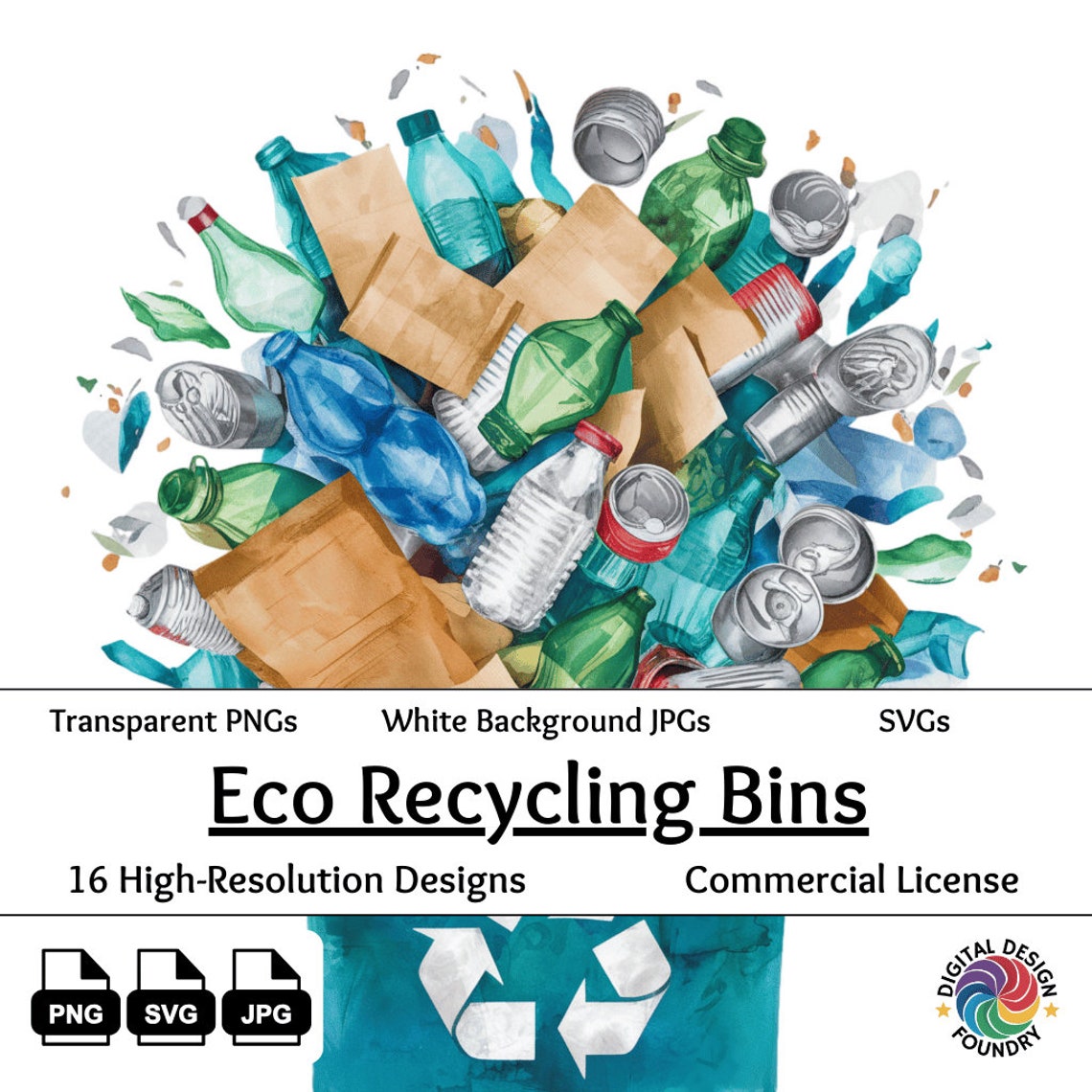 16 Recycling Bin Clipart Watercolor, PNG, SVG, JPG Eco-friendly, Zero ...